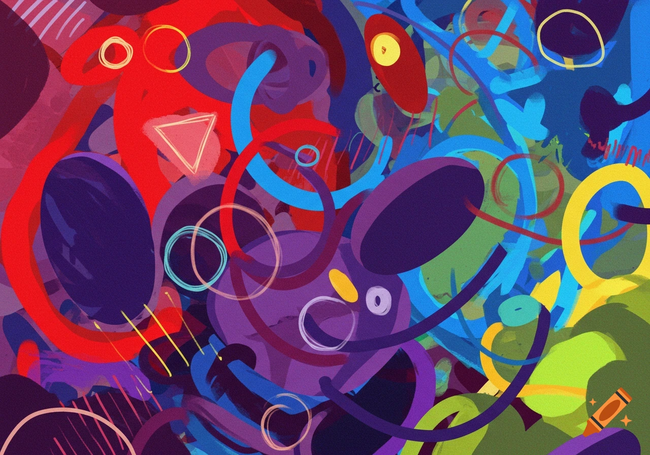 A vibrant abstract painting with energetic red, blue, purple, yellow ...