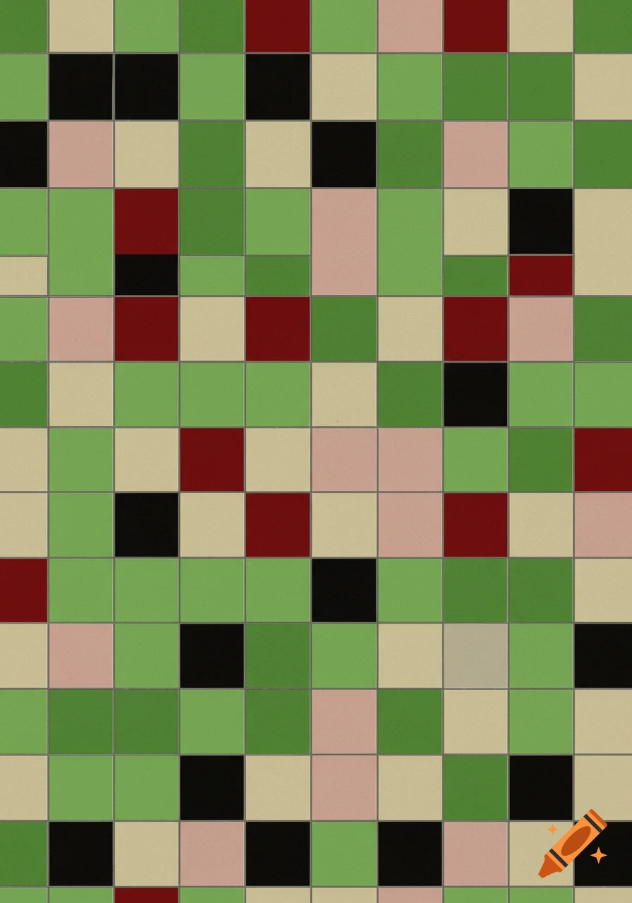 A grid pattern composed of green, black, red, pink, and cream colored ...