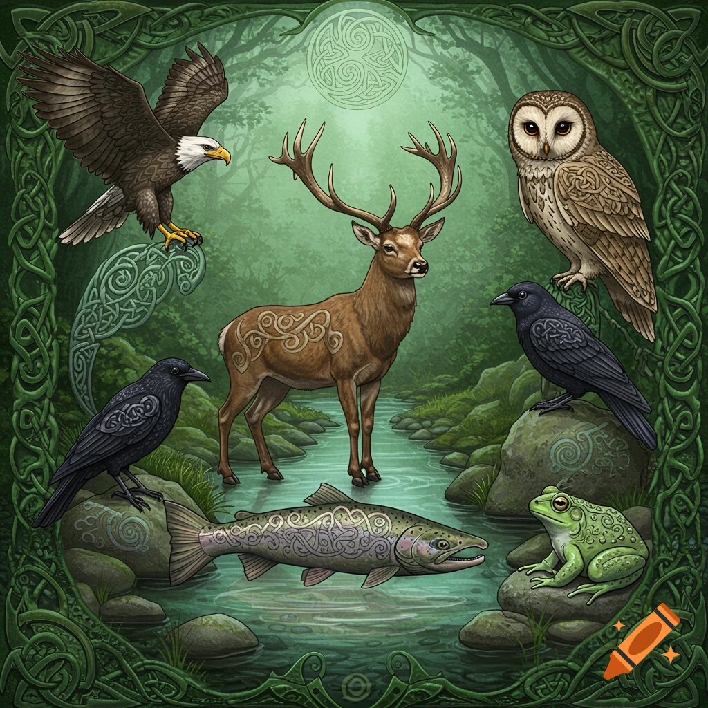 A richly detailed Celtic art illustration of an eagle, stag, owl, raven ...