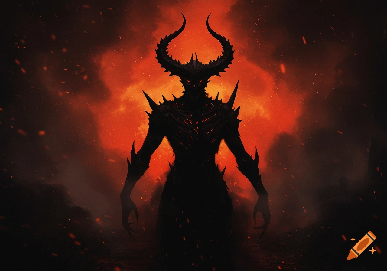 A dark, muscular devil with large horns and wings stands against a ...