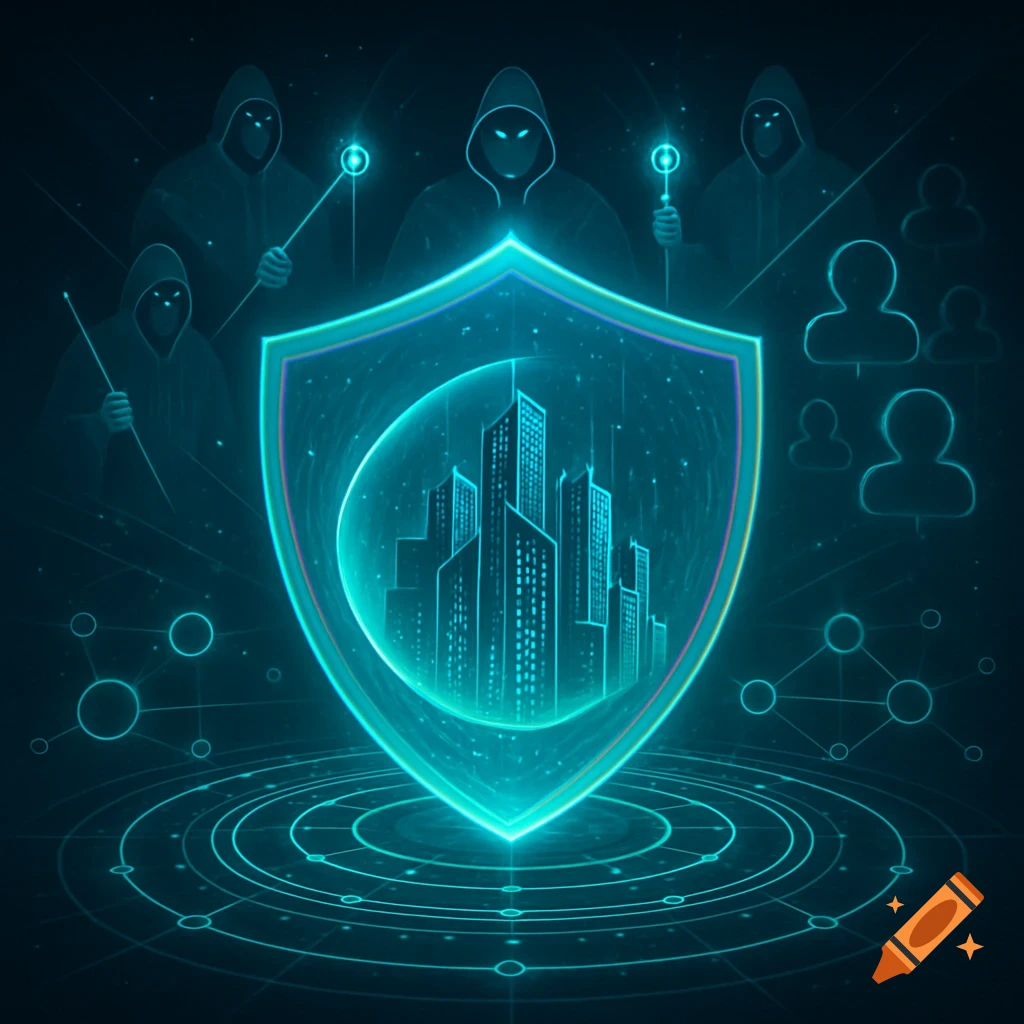 Glowing blue shield protecting a city skyline from hooded figures in a futuristic digital art ...