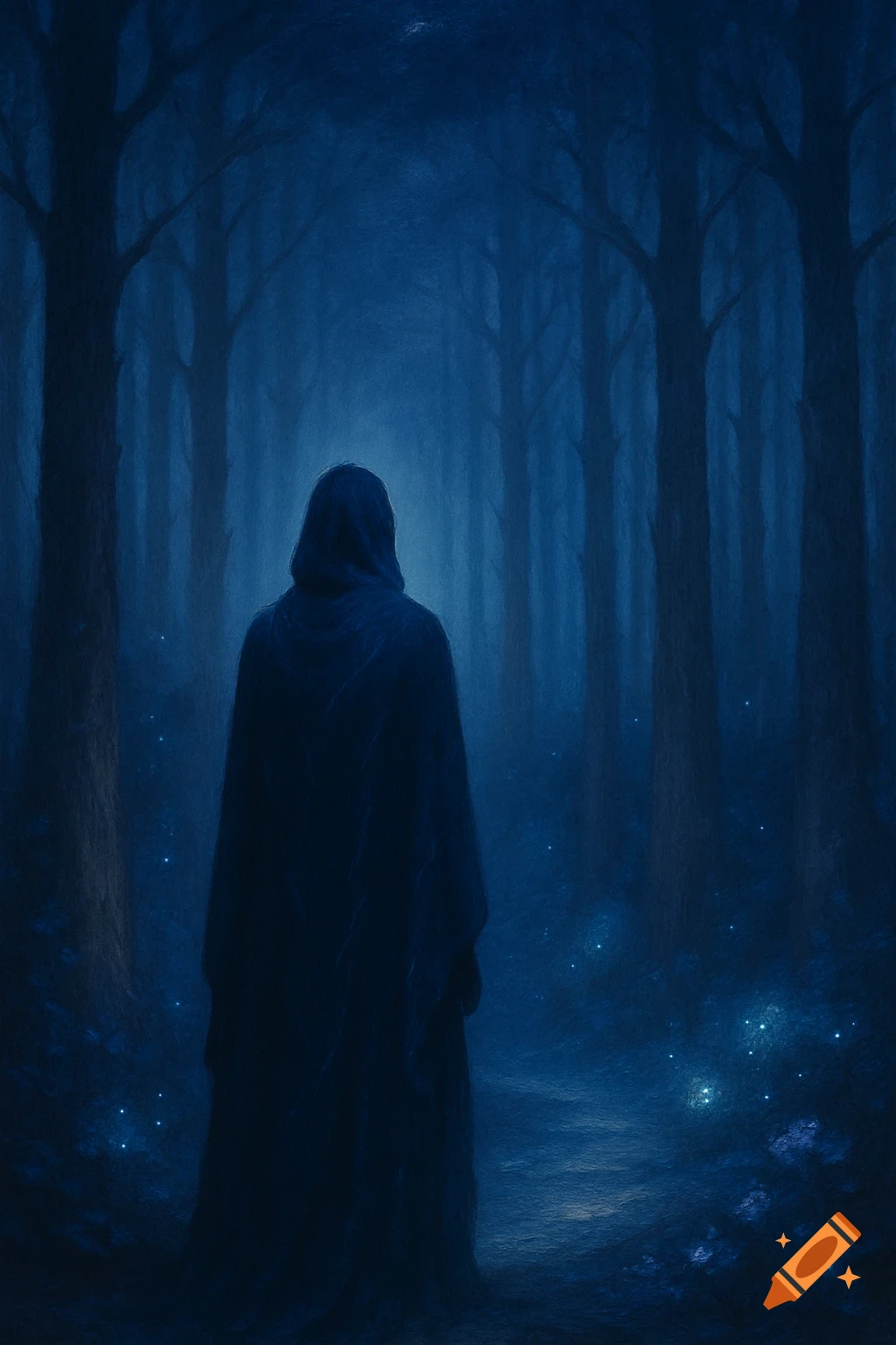 A dark hooded figure with glowing red eyes stands in a mystical, dark ...