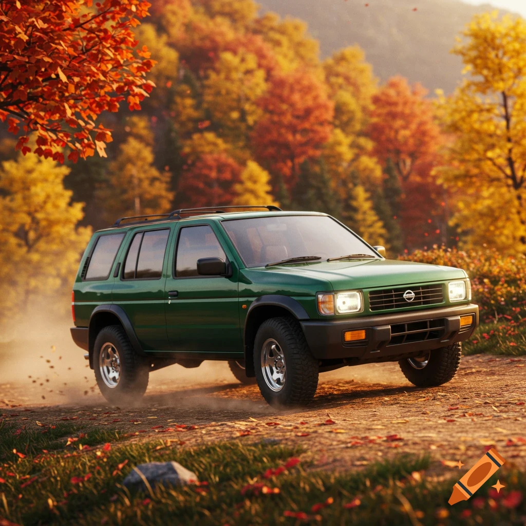 A green Nissan Pathfinder SUV drives on a dirt road through a forest of ...