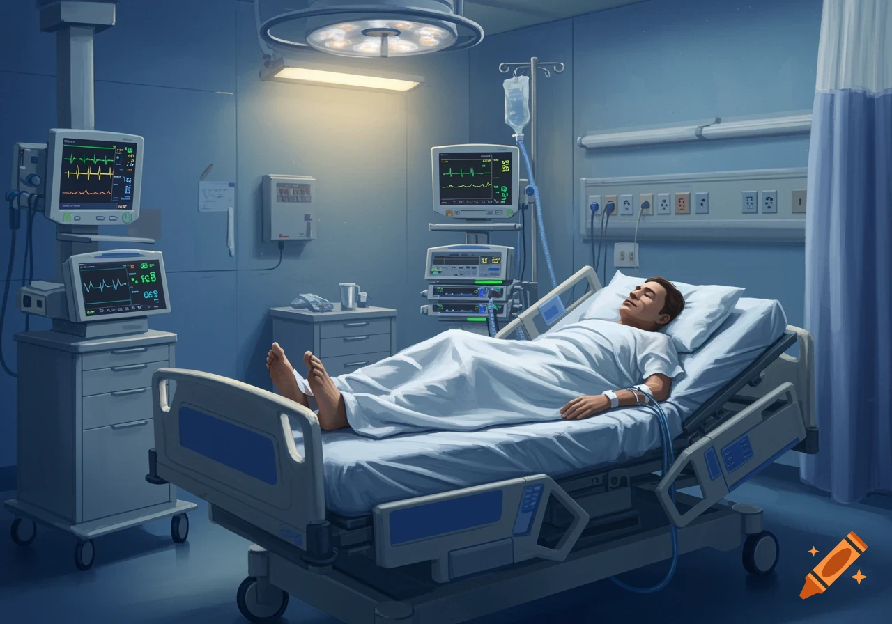 A patient lies in an ICU bed, surrounded by medical monitors and equipment, in a dimly lit ...