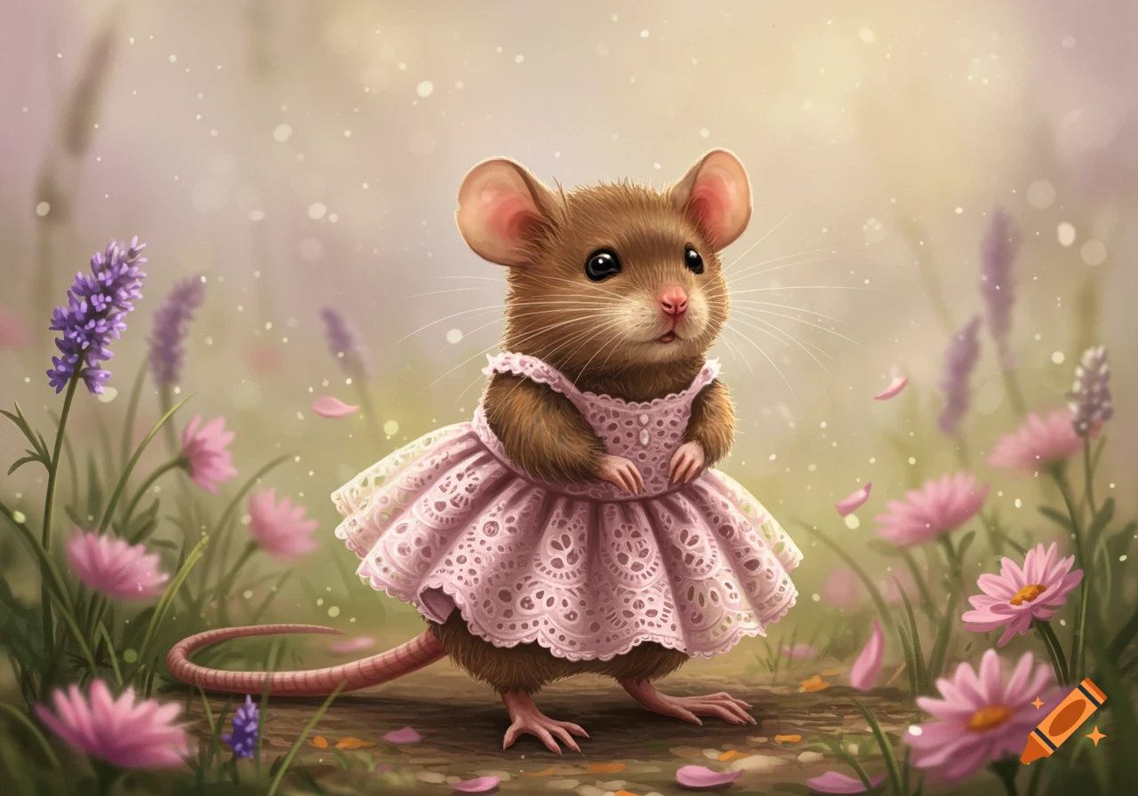 A cute brown mouse wearing a pink lace dress stands among purple and ...