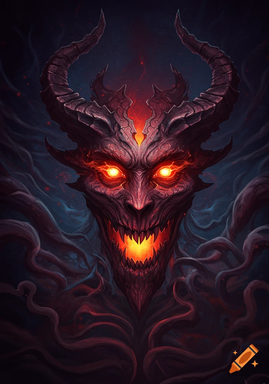 A striking portrait illustration of a red demon woman with large horns ...