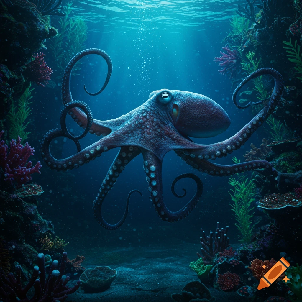 A realistic octopus with blue glowing eyes swims in a deep blue ocean ...
