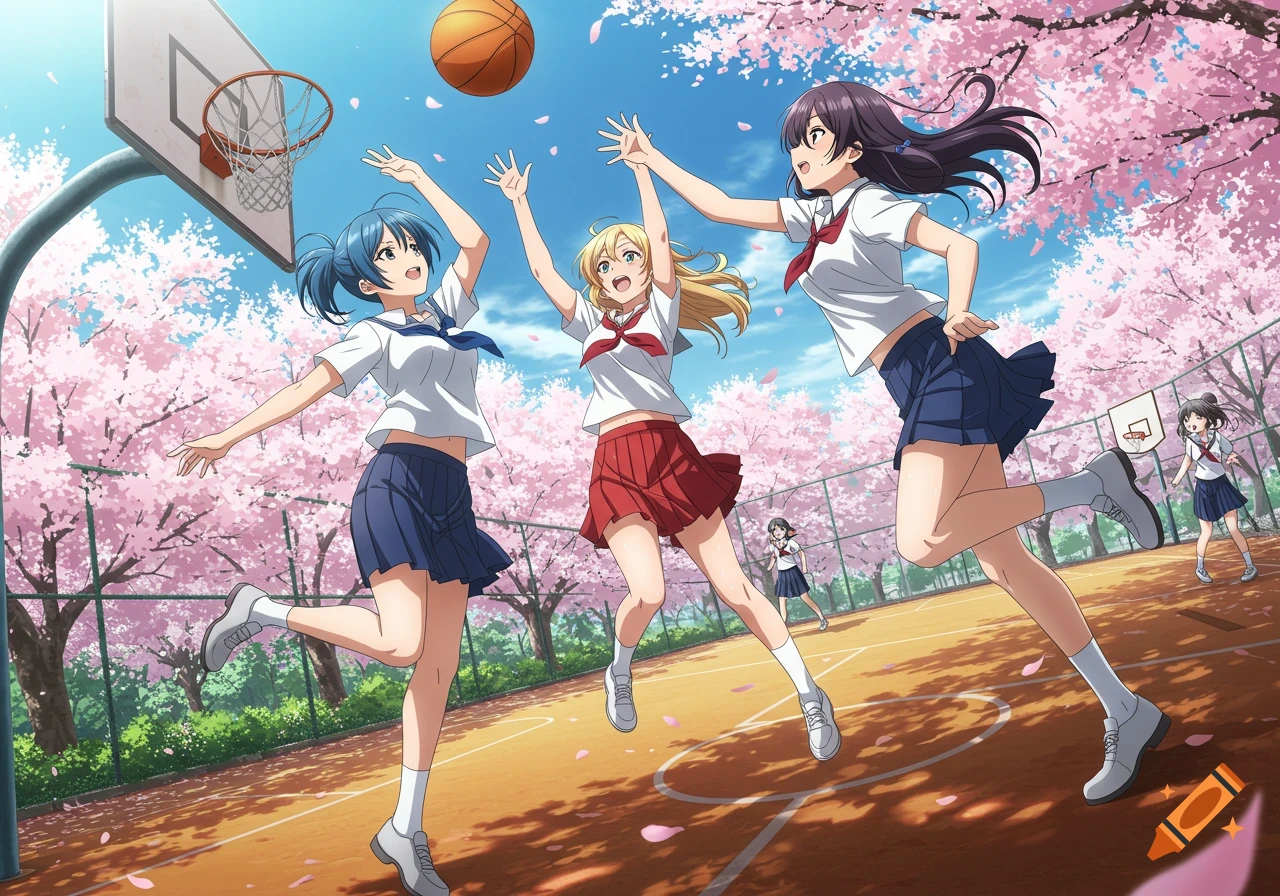 Three anime girls in school uniforms jump for a basketball on an ...