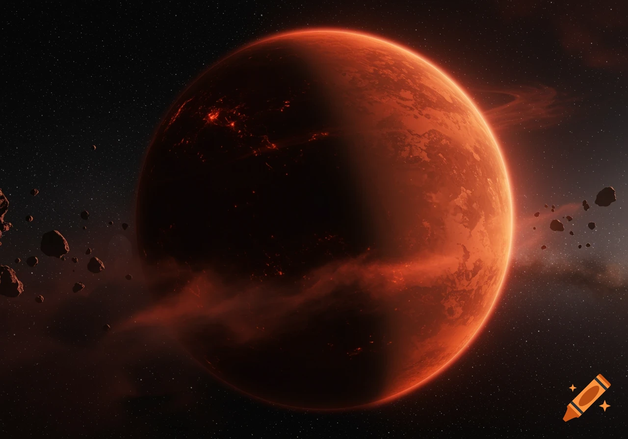 A dusty, rocky, red planet with glowing volcanic features, surrounded ...