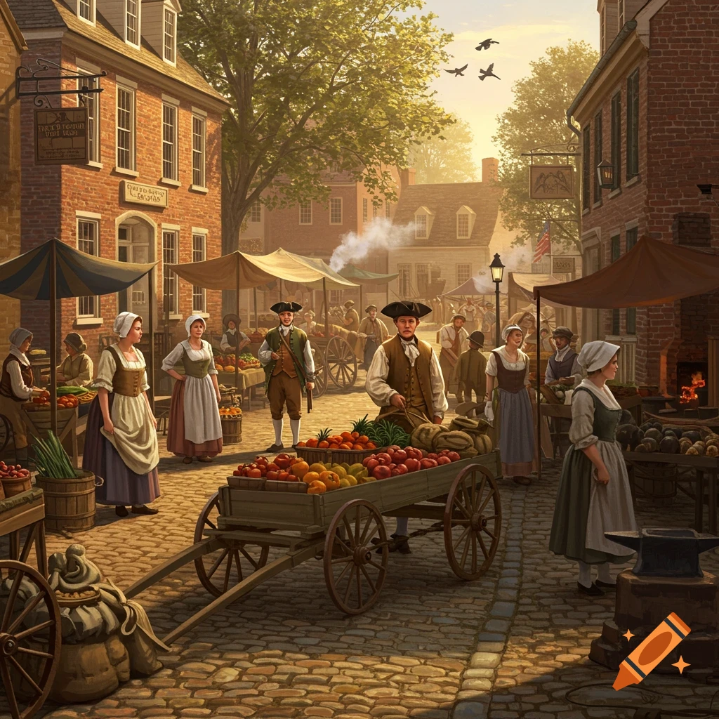 A bustling colonial market scene with people, carts overflowing with ...