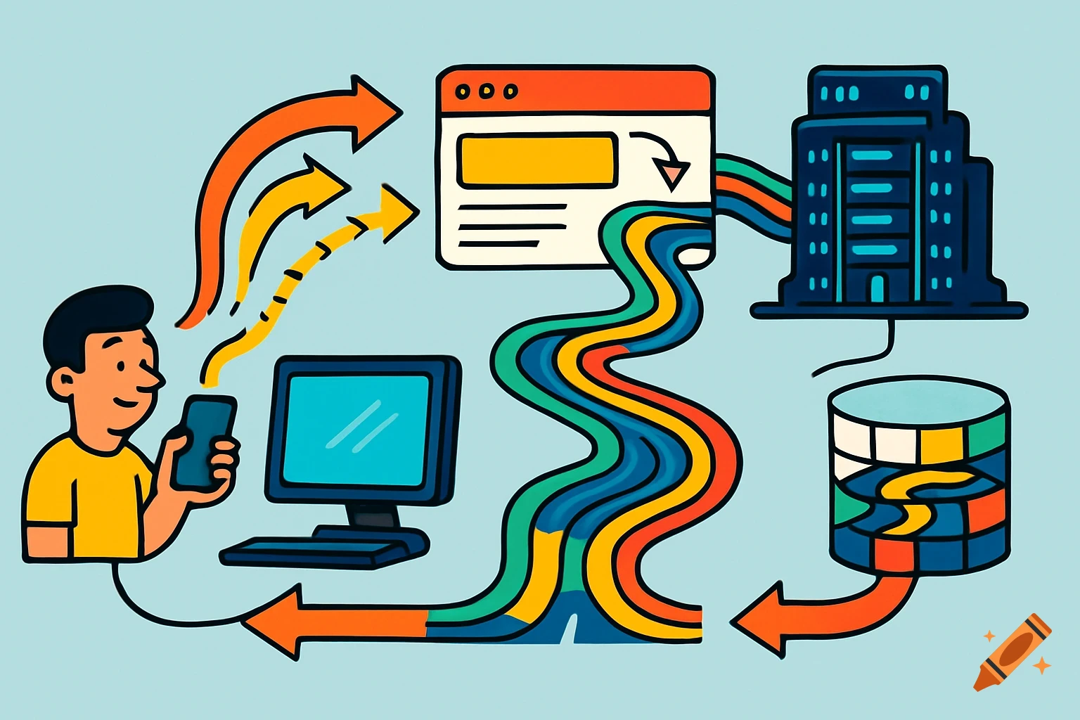 A flat-style illustration of a computer screen displaying code ...