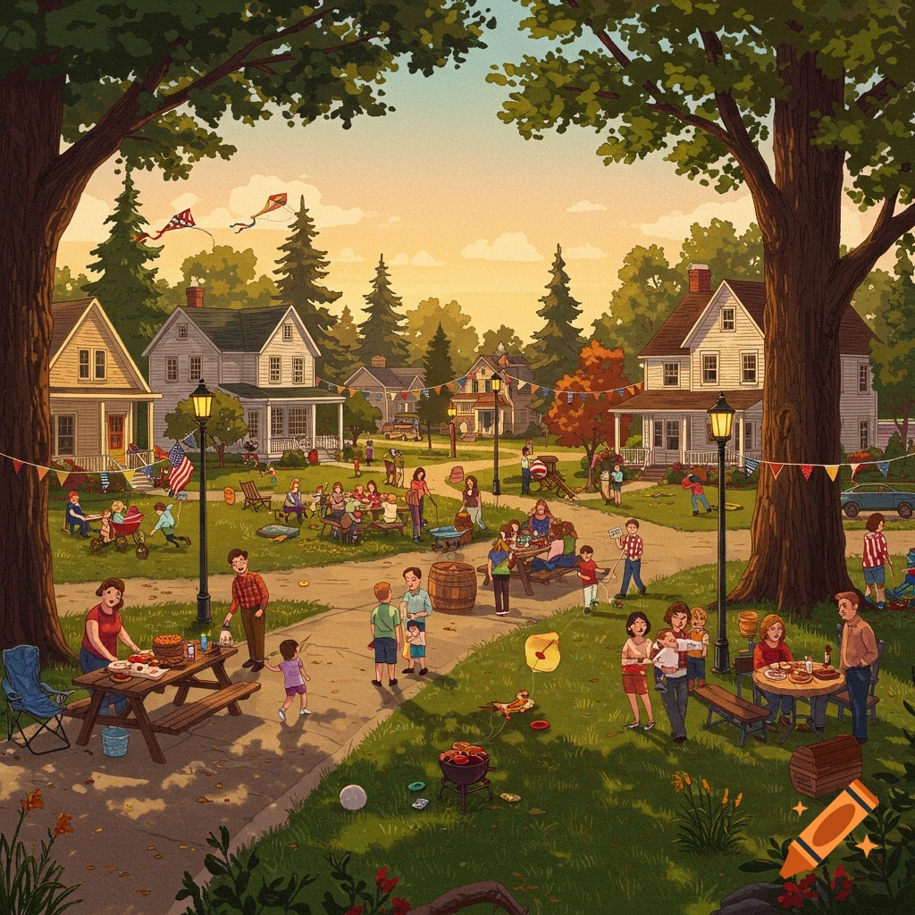 Vibrant illustration of a neighborhood block party at sunset, with many ...
