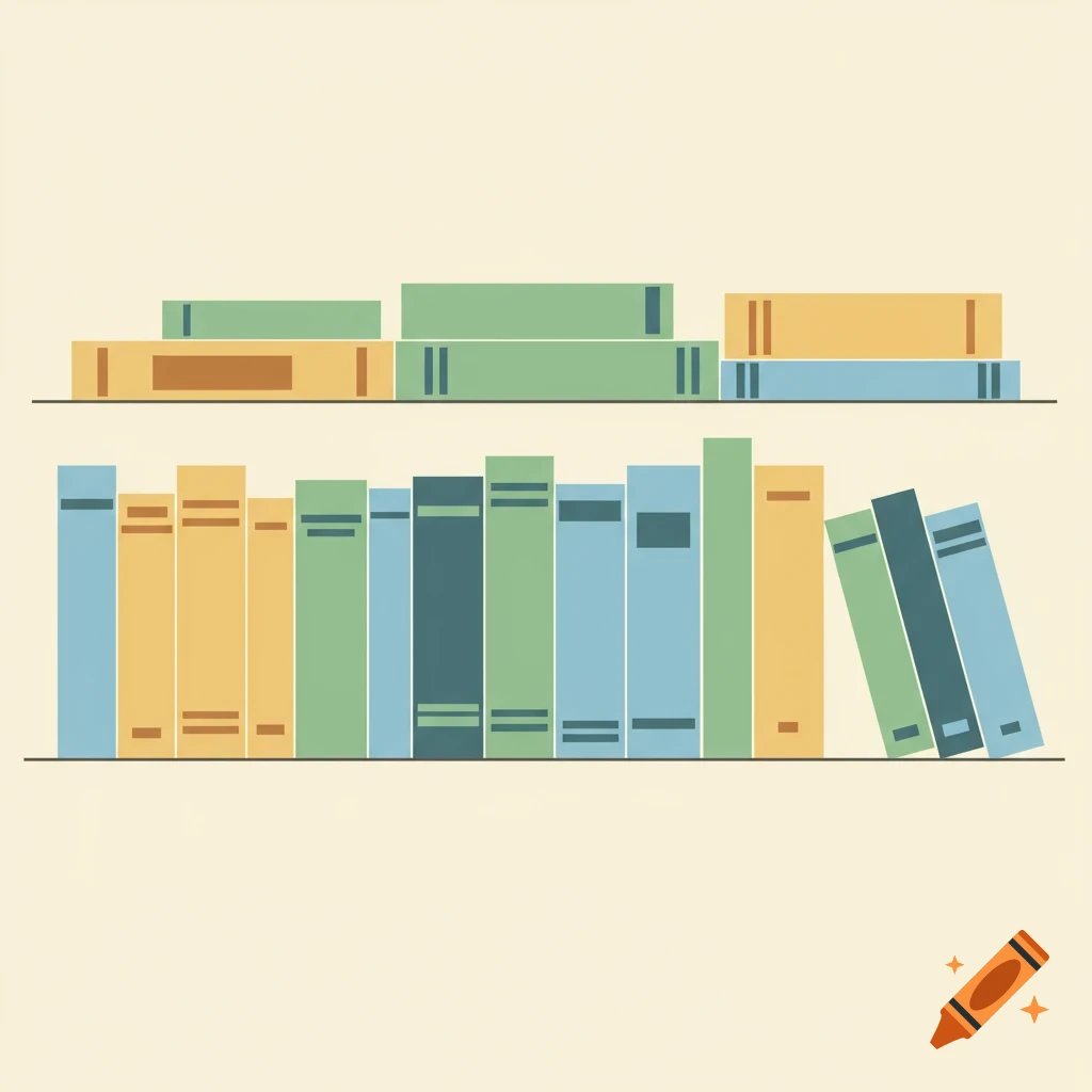 A stylized illustration of colorful books arranged on two shelves ...