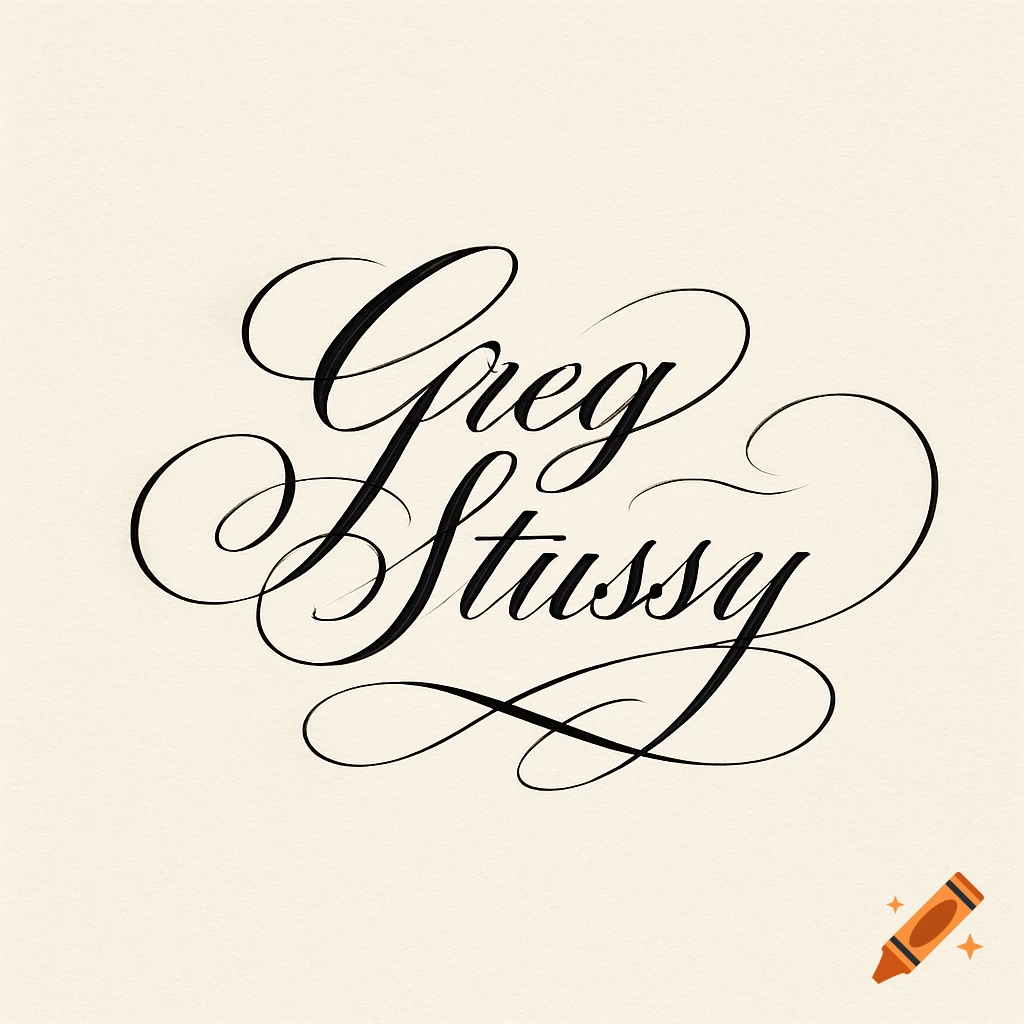Calligraphic signature of 'Greg Stussy' in black ink on a light beige ...