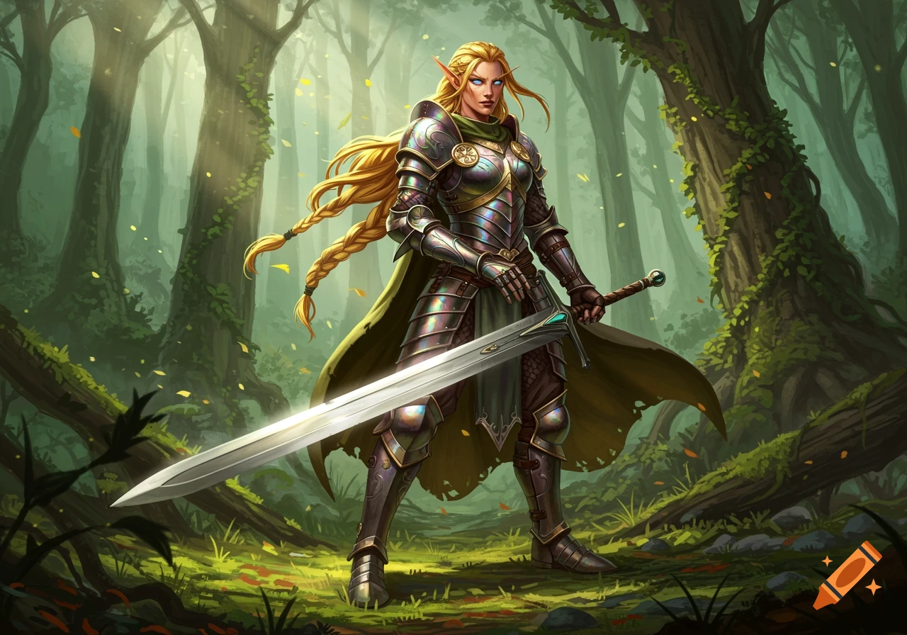 Red-haired elf warrior in brown leather armor holding two short swords, standing in a sunlit ...