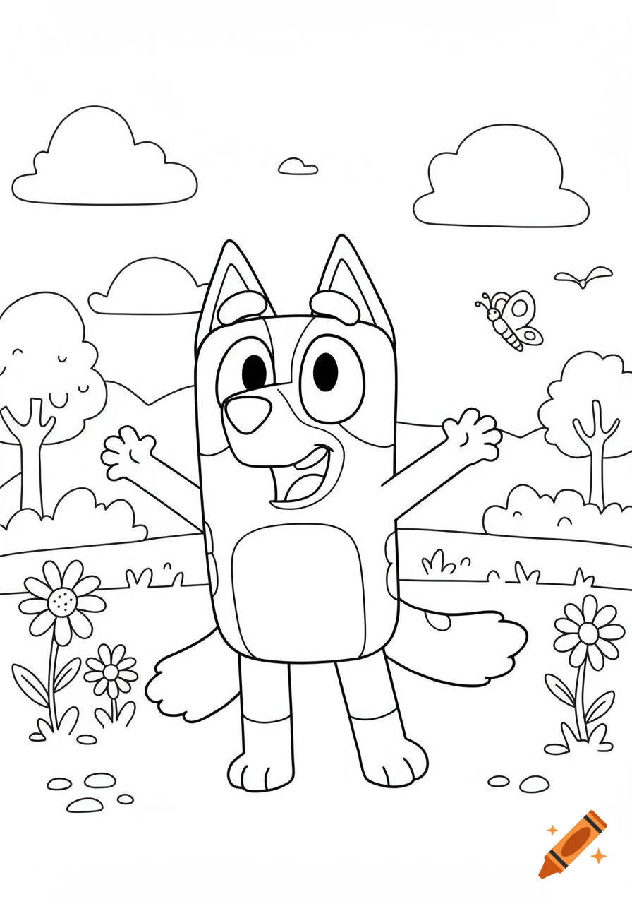 A black and white coloring page illustration of Bluey standing in a ...