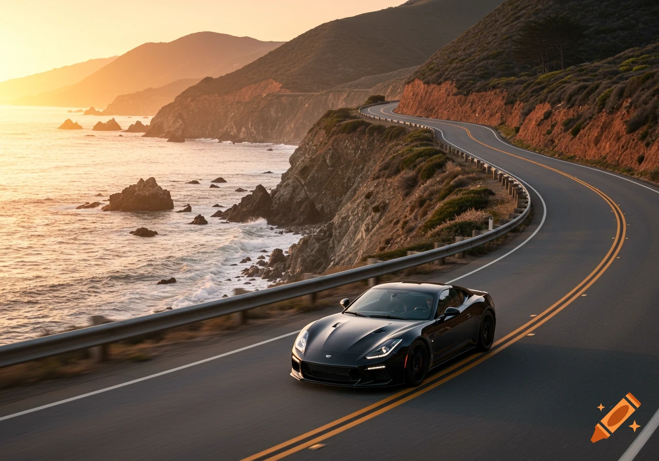 A black sports car drives along a winding coastal road at sunset, with mountains and the ocean ...