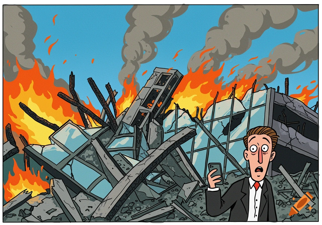 A cartoon man with a shocked expression holds a phone in front of a ...