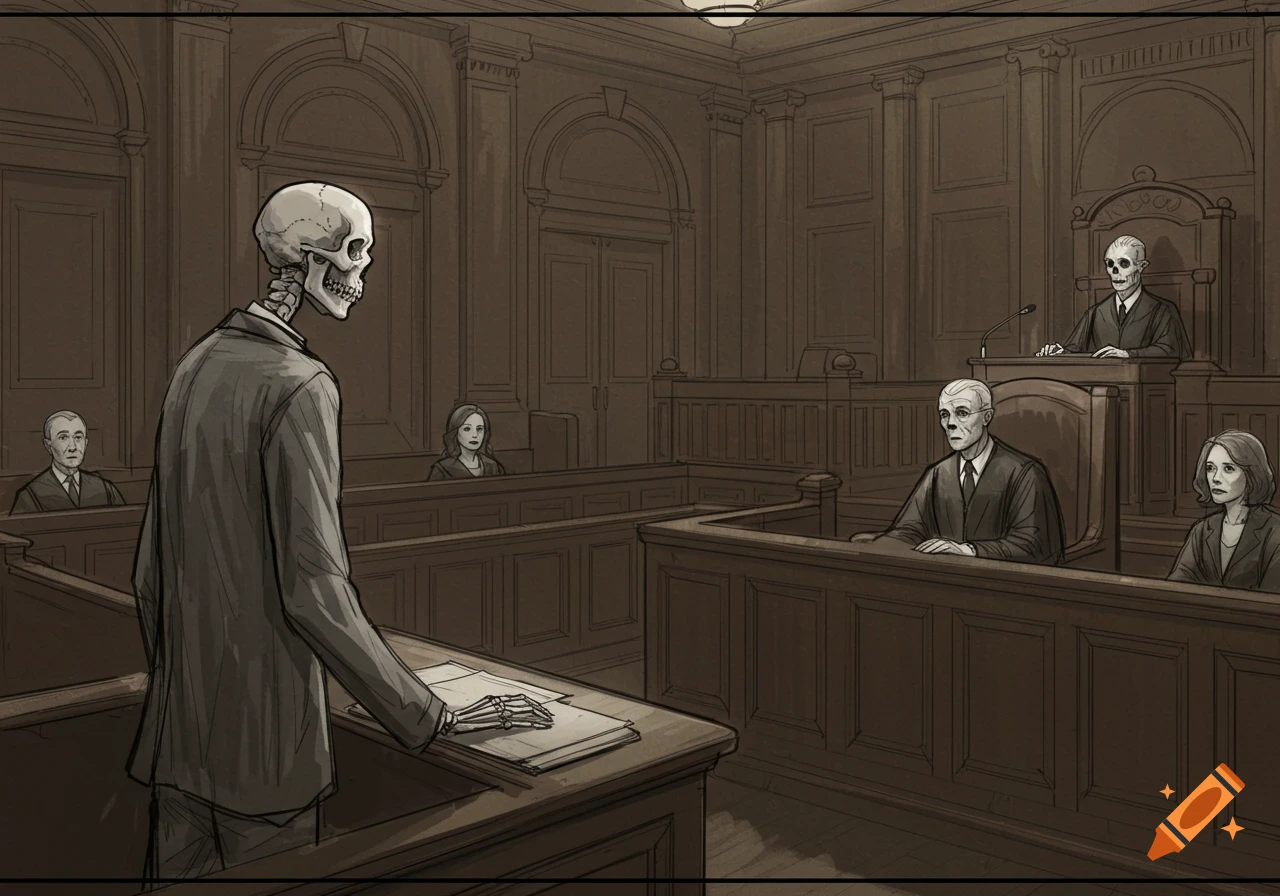 A skeletal figure in a suit testifies at a witness stand in a courtroom ...