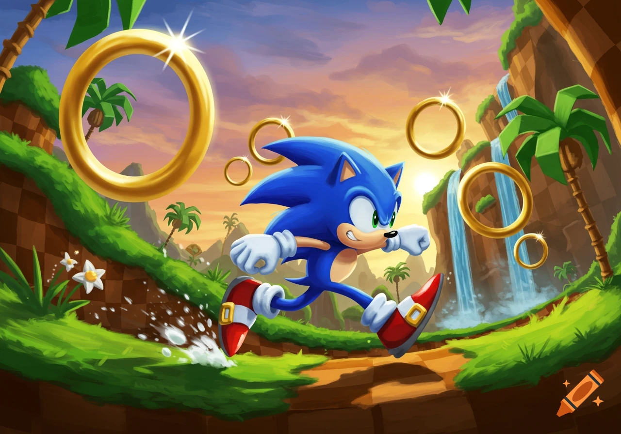 Sonic the Hedgehog runs through a cartoon Green Hill Zone-like ...