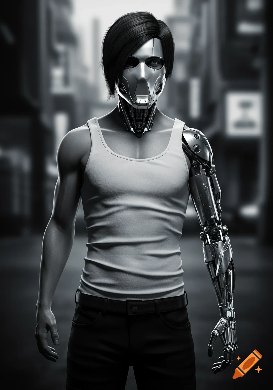 A person with a silver mask, short black hair, a natural right arm, and ...