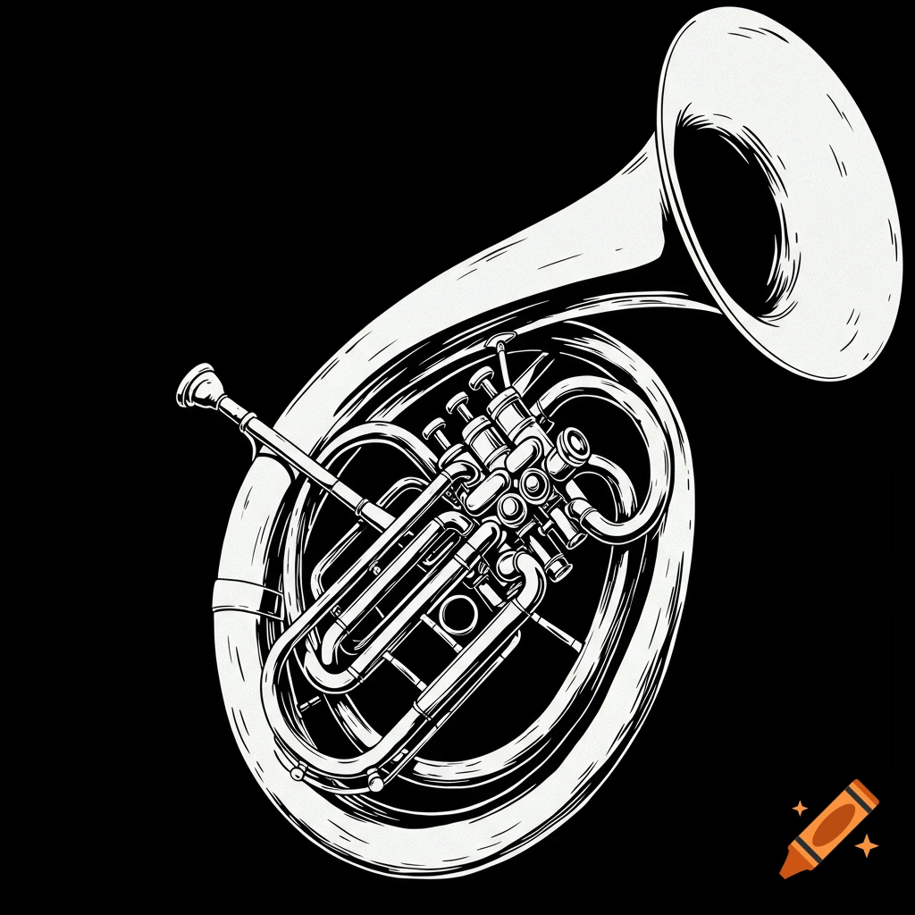 White outline illustration of a detailed mellophone or French horn ...