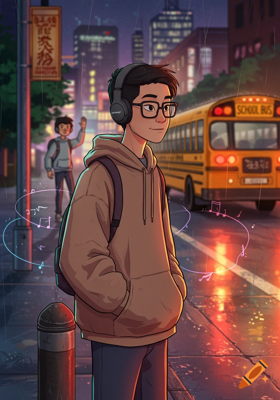 Two cartoon boys walk along a city street with graffiti on a wall ...