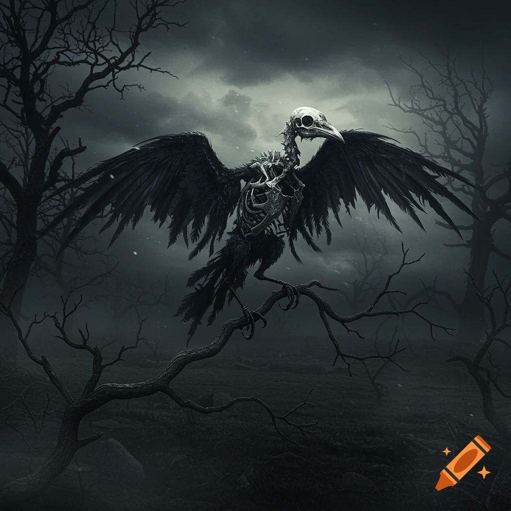 A dark, robed, humanoid raven creature with a bird-like skull for a ...