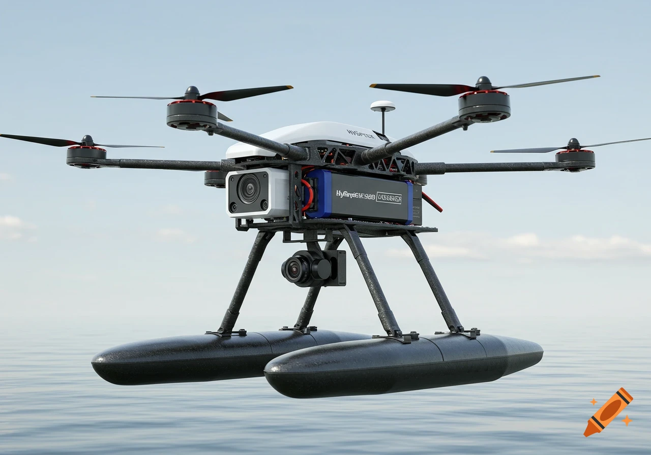 A realistic UAV drone with a hyperspectral camera and floats, hovering ...