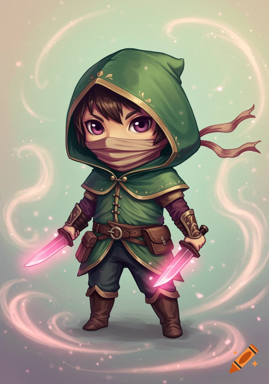 A cute chibi character with a green hooded cloak and face mask, holding ...