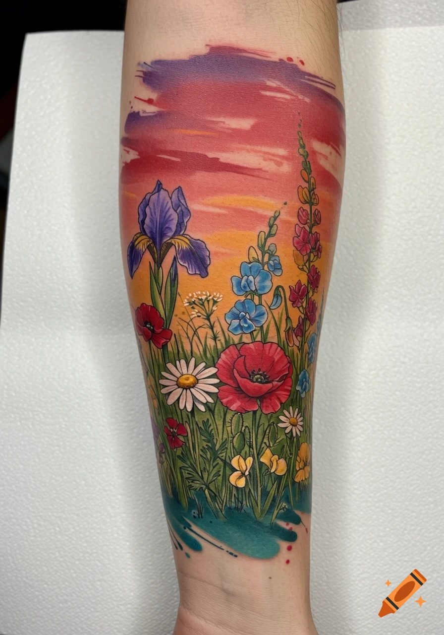 A colorful forearm tattoo featuring a field of wildflowers like irises ...