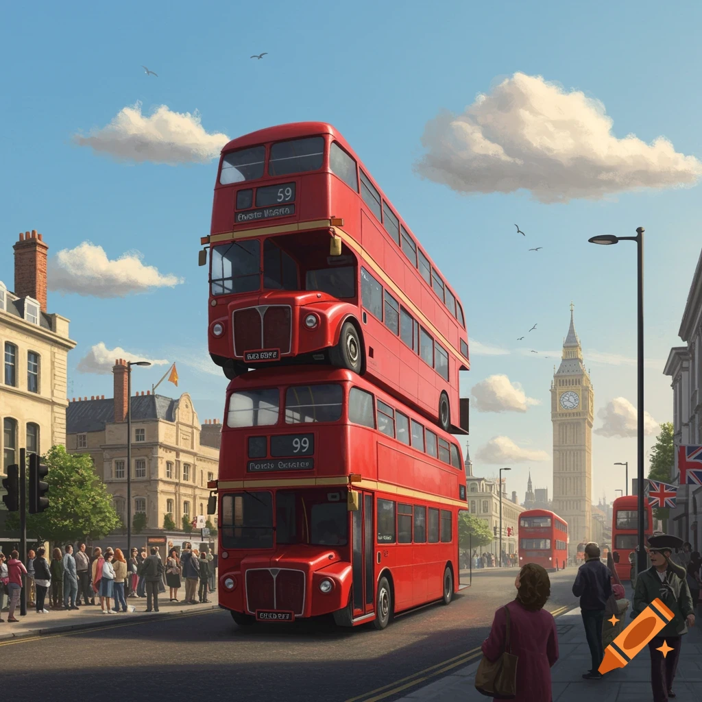 Three red double-decker buses stacked vertically in a whimsical London ...