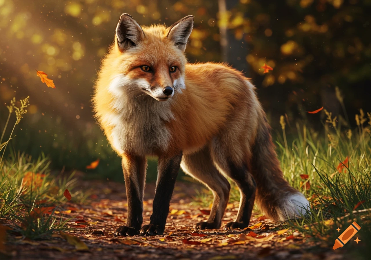 A photorealistic image of a red fox sitting on a dirt path surrounded ...