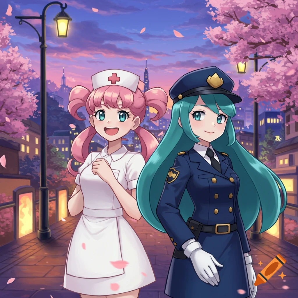 Anime-style nurse and police officer standing on a cherry blossom-lined ...