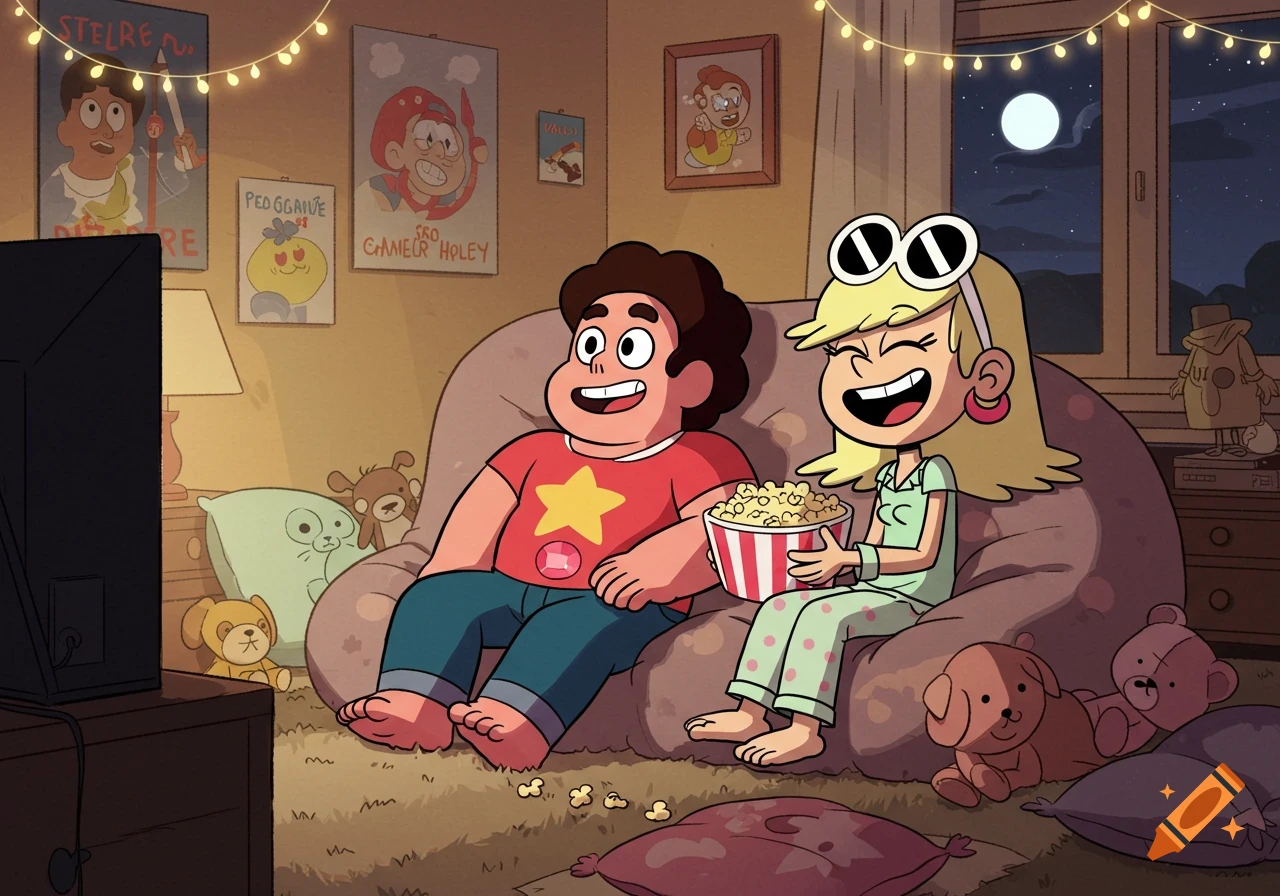 Cartoon characters Steven Universe and Leni Loud watch TV and eat ...