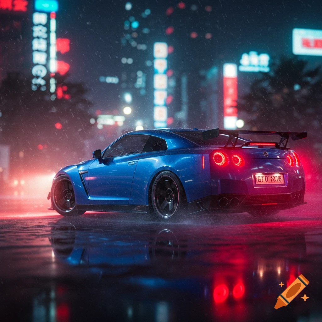 A blue Nissan GTR is parked on a wet, rainy street at night, with neon ...