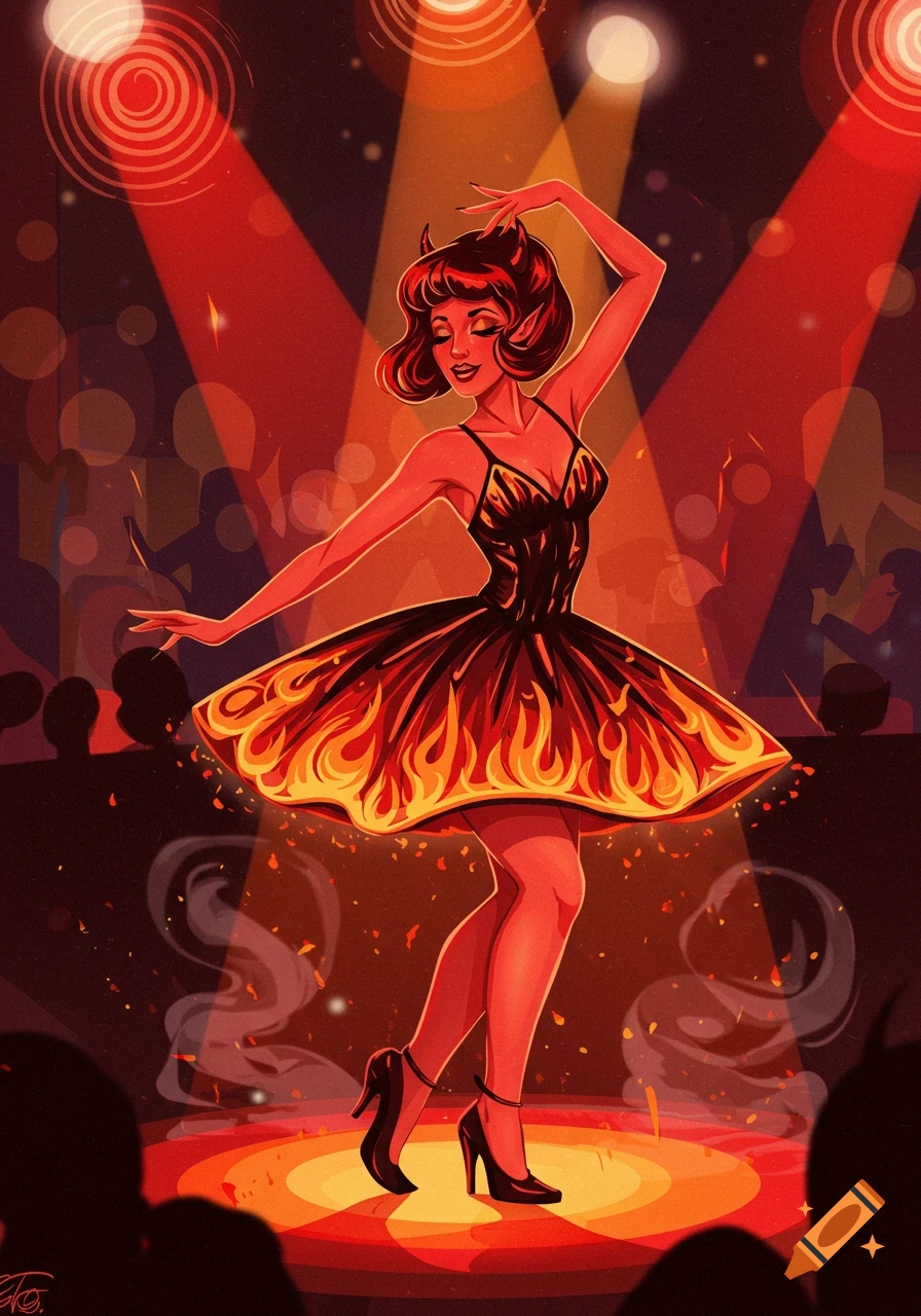 A stylized illustration of a red-skinned devil woman in a flame ...
