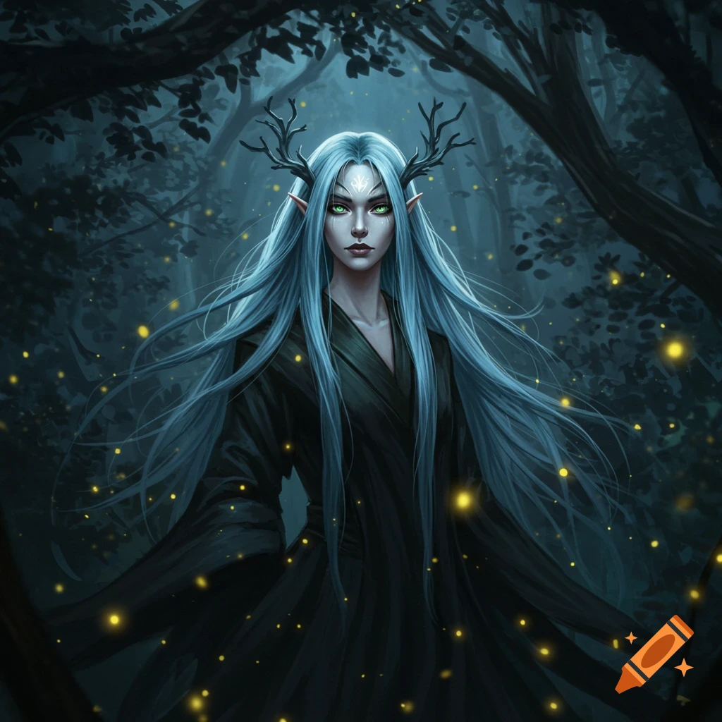 A woman with long light blue hair, antlers, green eyes, and elf ears ...