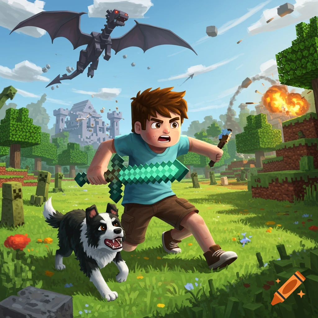 A blocky Minecraft skeleton rides a llama through a bright green ...