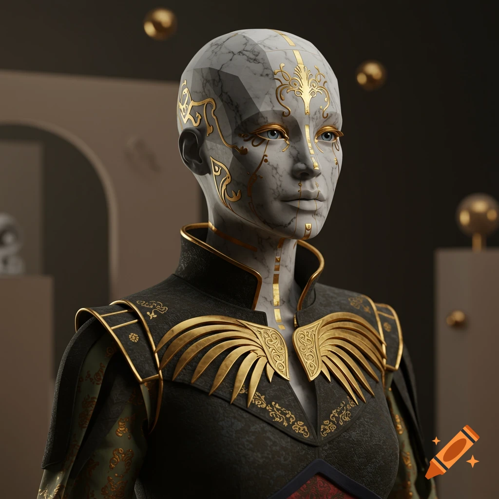 A highly detailed digital art render of a stylized woman with a ...