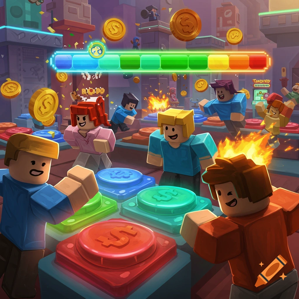 Cartoon game thumbnail: Hand pressing a button with gems, coins, and ...