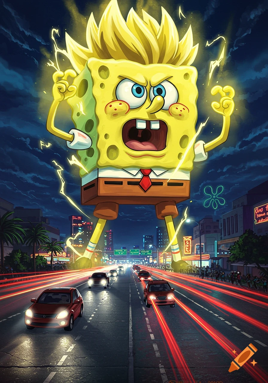 Photorealistic 3D render of a rugged, dirty SpongeBob SquarePants with ...