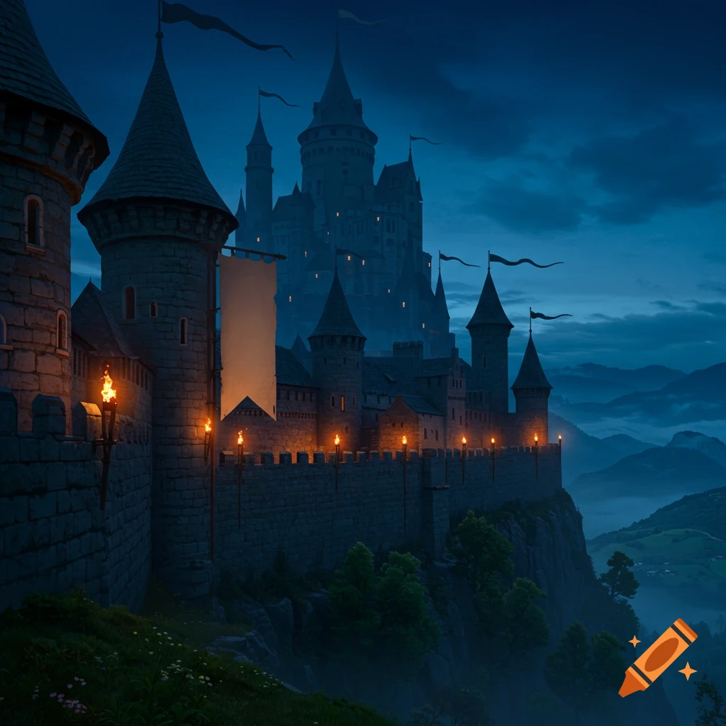 A retro pixel art depiction of a stone castle wall at night ...