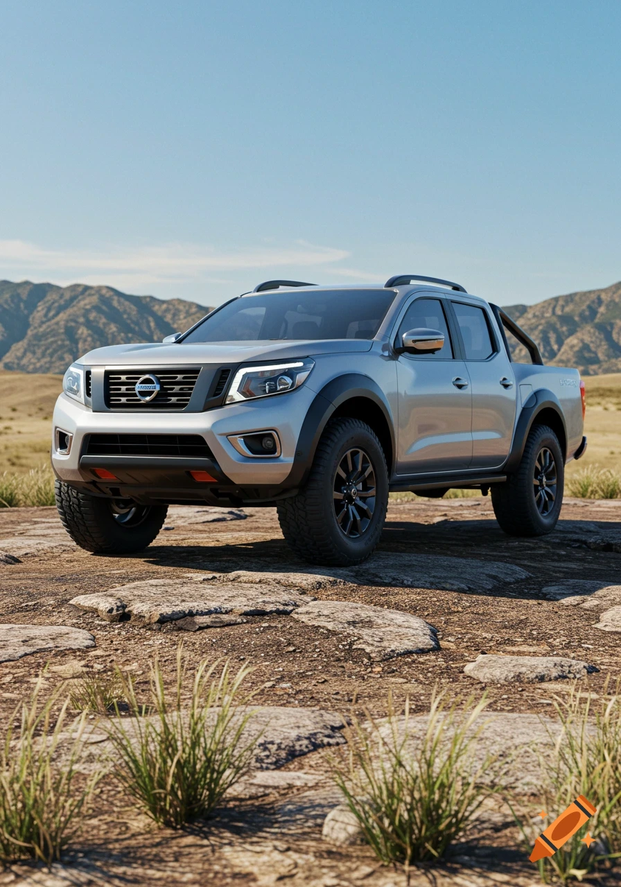 A silver Nissan Frontier pickup truck on rocky terrain with mountains ...