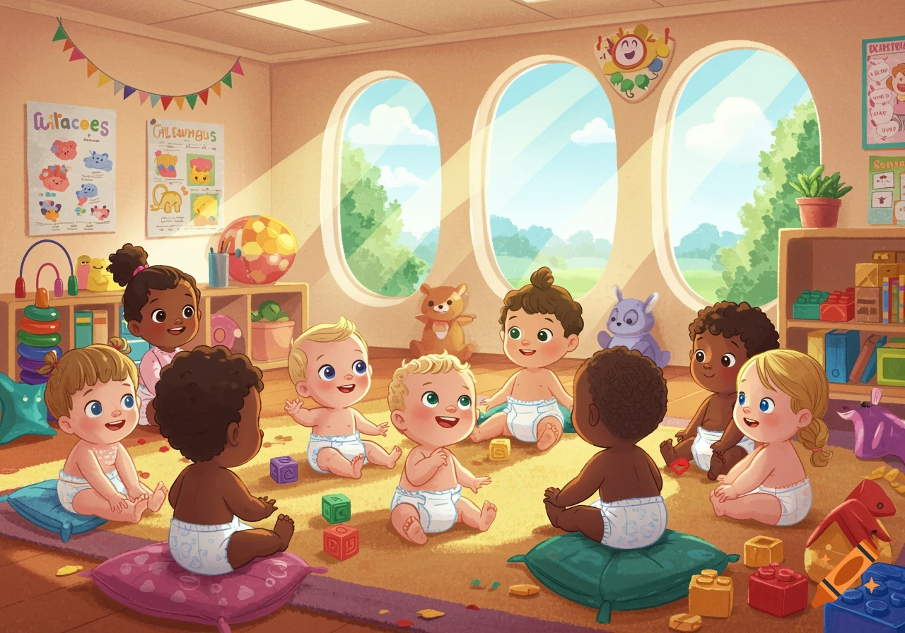 A cartoon illustration of diverse babies in diapers playing on the ...