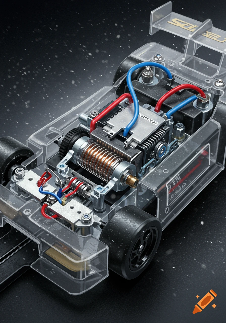 Detailed view of the internal mechanics of a transparent model slot car ...