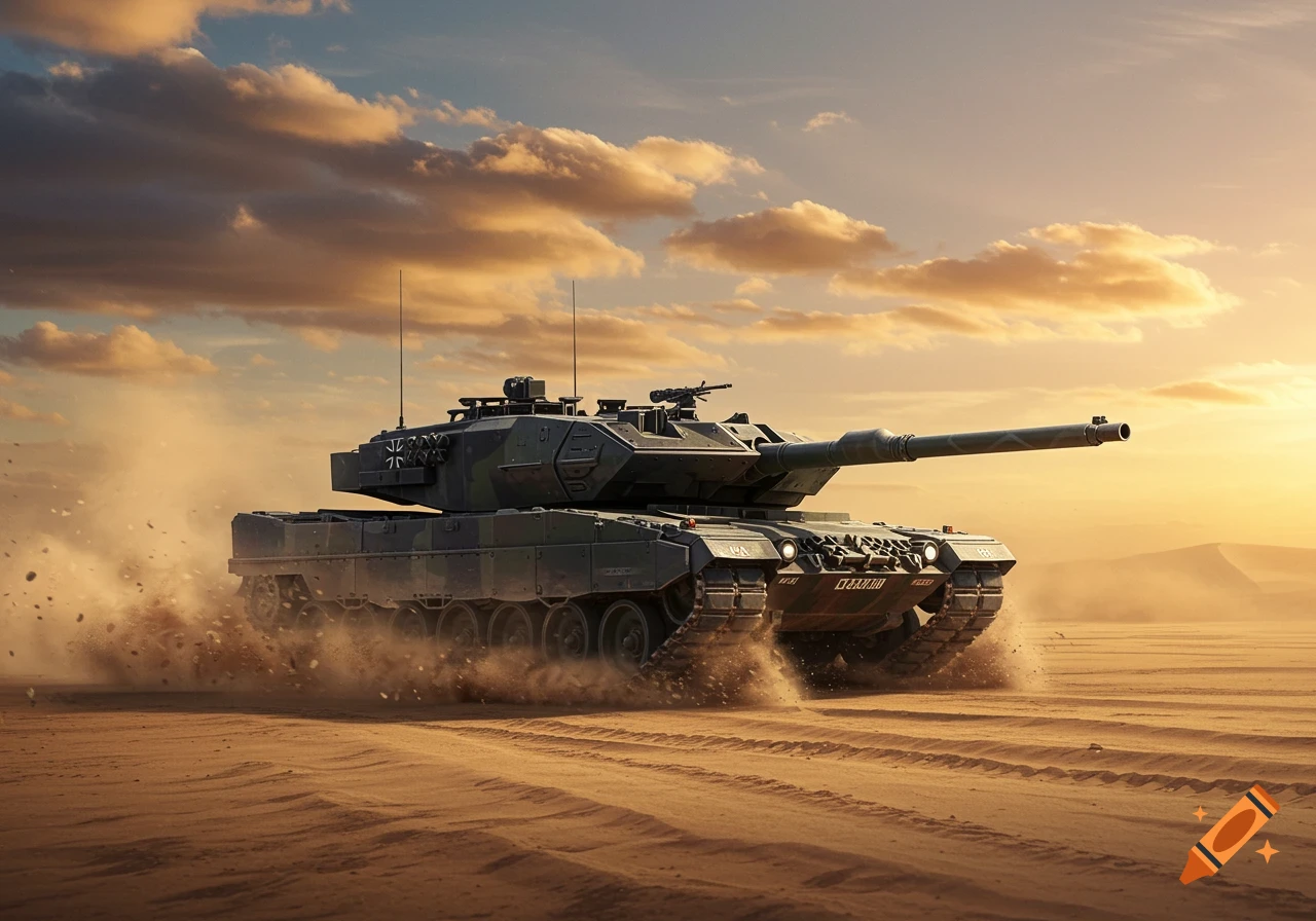 A photorealistic Leopard 2 tank kicks up dust while driving through a ...
