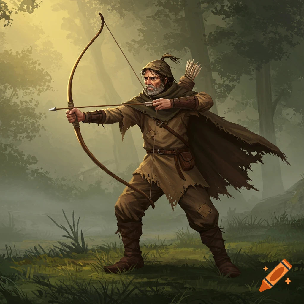 A medieval peasant archer aims a bow in a misty forest. on Craiyon