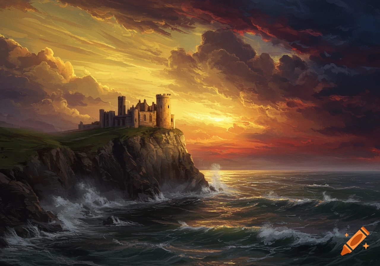 A magnificent, ice-covered fantasy castle perched on a snowy cliff above a stormy ocean at ...