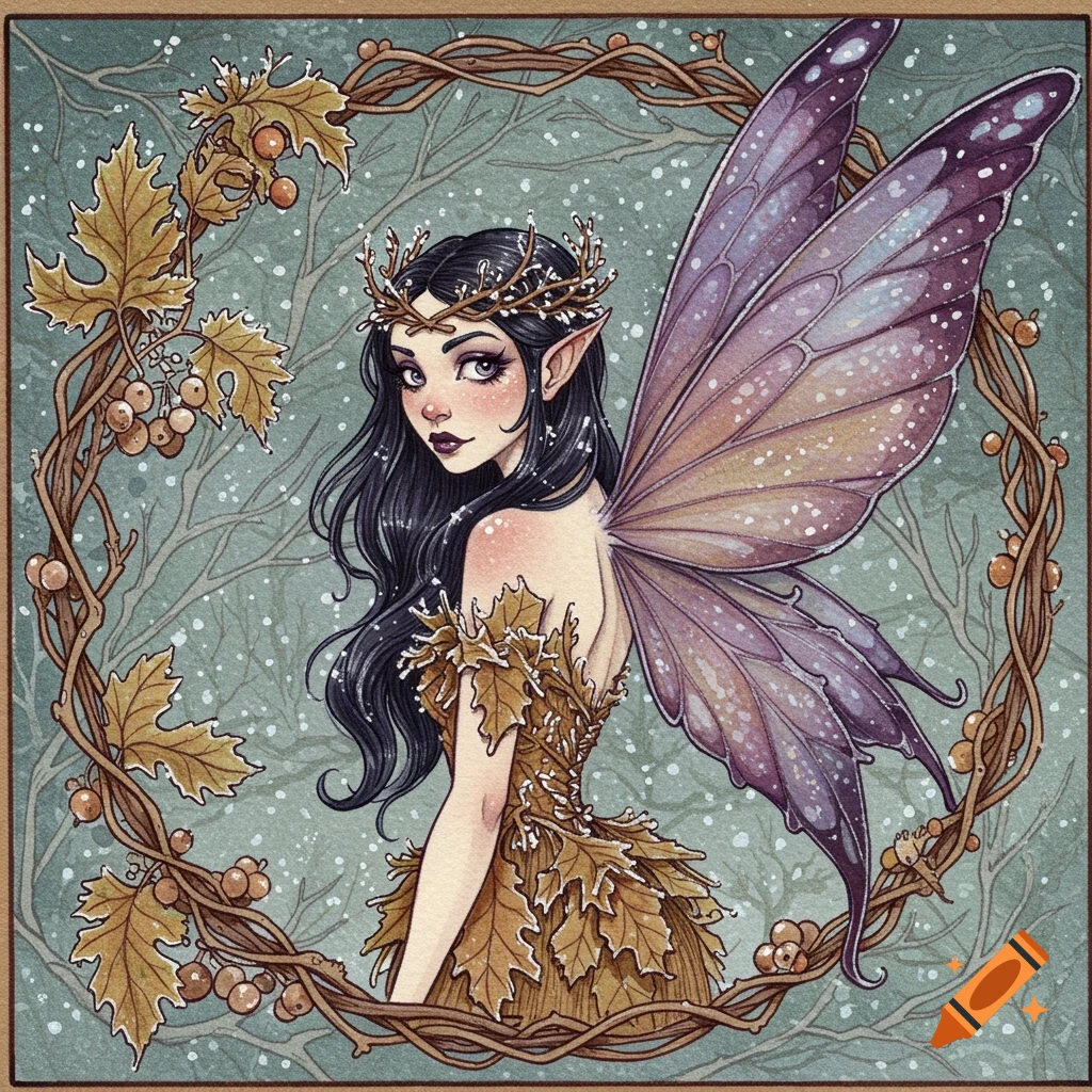 Illustration of Mother Goose Curandera with Peacock Cloak in a mystical ...